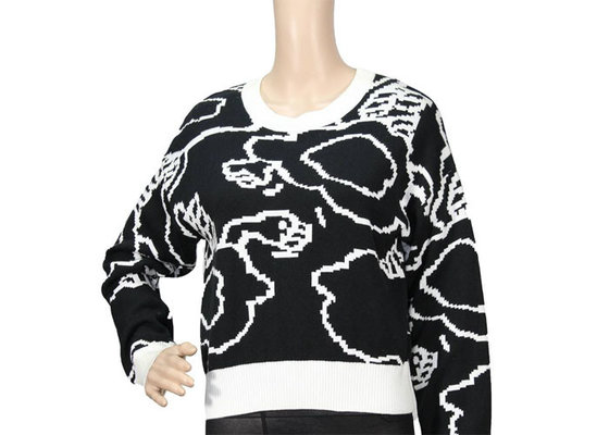 Pure Cotton Black And White Jacquard Womens Knit Sweater , Custom Spring Sweaters