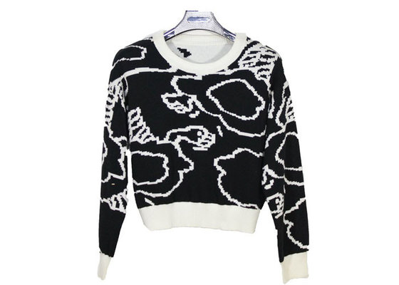 Pure Cotton Black And White Jacquard Womens Knit Sweater , Custom Spring Sweaters