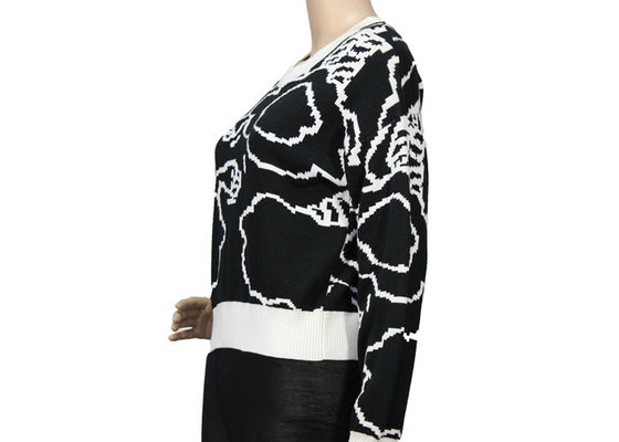 Pure Cotton Black And White Jacquard Womens Knit Sweater , Custom Spring Sweaters