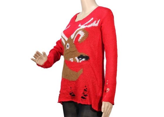 Red Long Womens Knit Sweater Reindeer Head Pattern Christmas Pullover For Spring