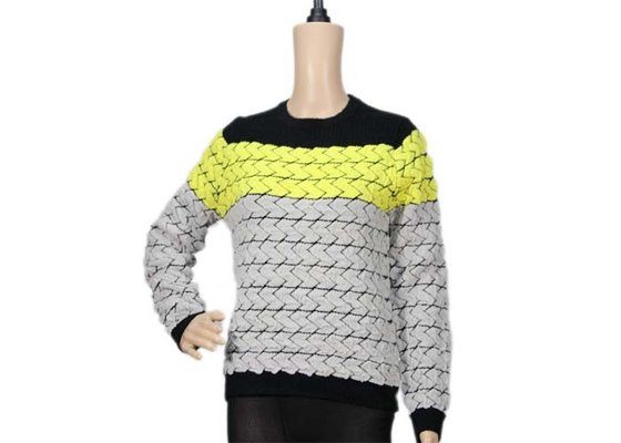 Tri Colour Ladies Long Sleeve Crew Neck Jacquard Black Yellow Knit Sweater
