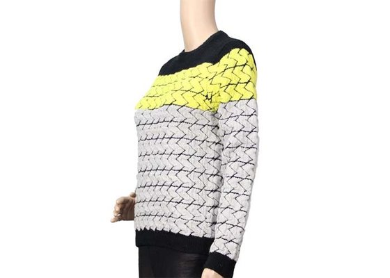 Tri Colour Ladies Long Sleeve Crew Neck Jacquard Black Yellow Knit Sweater