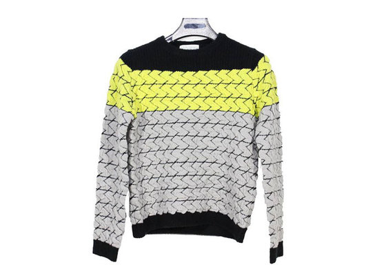 Tri Colour Ladies Long Sleeve Crew Neck Jacquard Black Yellow Knit Sweater