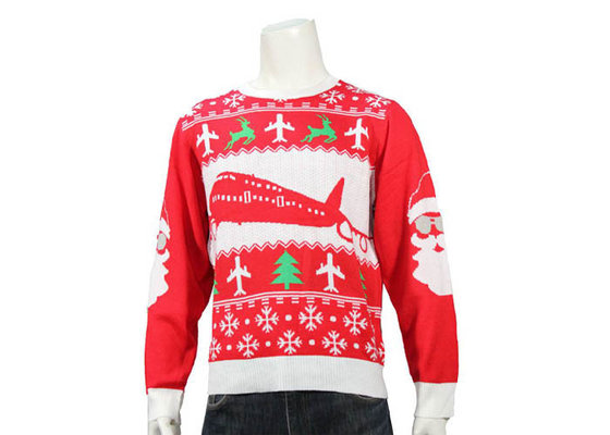 Red Knitted Round Neck Office Ugly Christmas Sweater Long Sleeve Jacquard Pattern