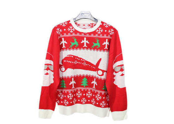 Red Knitted Round Neck Office Ugly Christmas Sweater Long Sleeve Jacquard Pattern