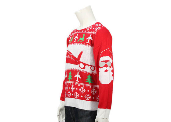 Red Knitted Round Neck Office Ugly Christmas Sweater Long Sleeve Jacquard Pattern