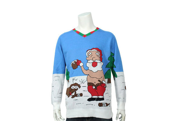 Funny Drunk Santa Claus Acrylic Ugly Christmas Sweaters V Neck Jacquard Knitted