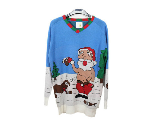 Funny Drunk Santa Claus Acrylic Ugly Christmas Sweaters V Neck Jacquard Knitted