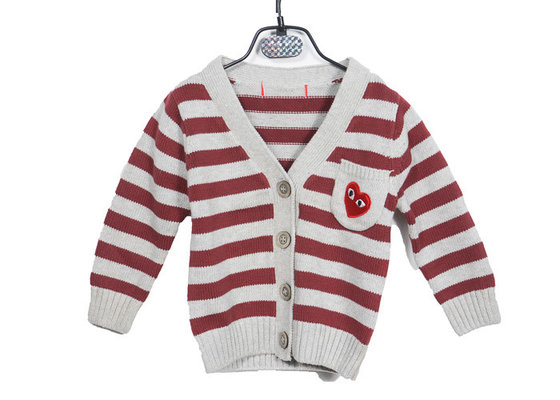 Red Striped Long Sleeve Kids Knit Sweater Button Cardigan With Embroidery