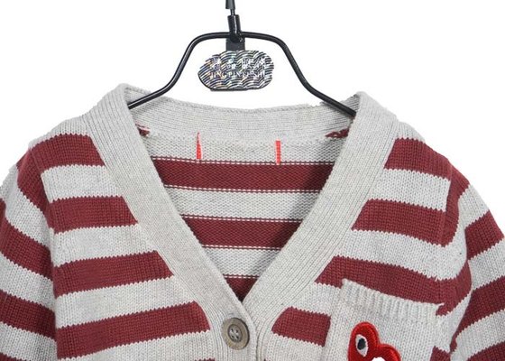 Red Striped Long Sleeve Kids Knit Sweater Button Cardigan With Embroidery