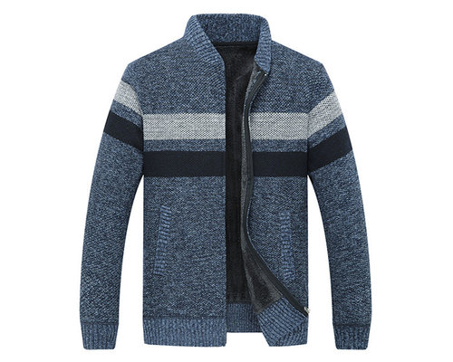 Plus Velvet Padded Zipper Stripe Mens Stand Collar Cardigan