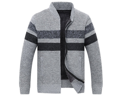 Plus Velvet Padded Zipper Stripe Mens Stand Collar Cardigan