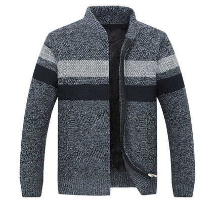 Plus Velvet Padded Zipper Stripe Mens Stand Collar Cardigan