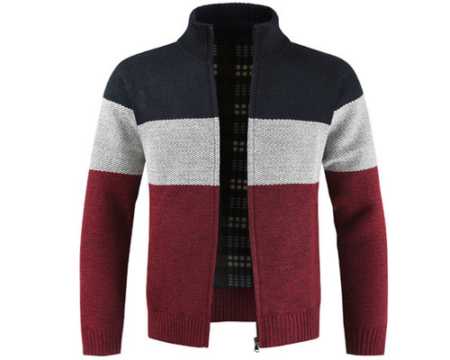 Mandarin Collar Zipper Mens Yarn Dyed Striped Cardigan