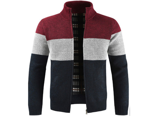 Mandarin Collar Zipper Mens Yarn Dyed Striped Cardigan