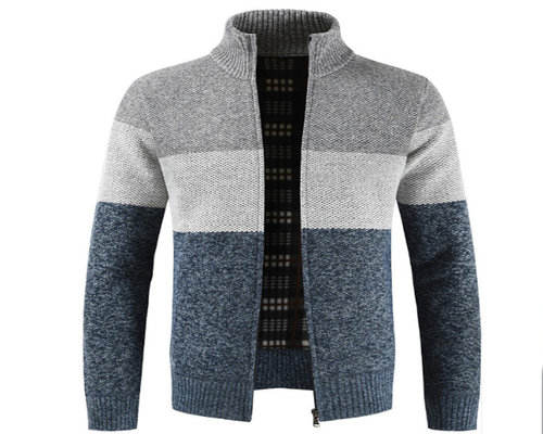 Mandarin Collar Zipper Mens Yarn Dyed Striped Cardigan