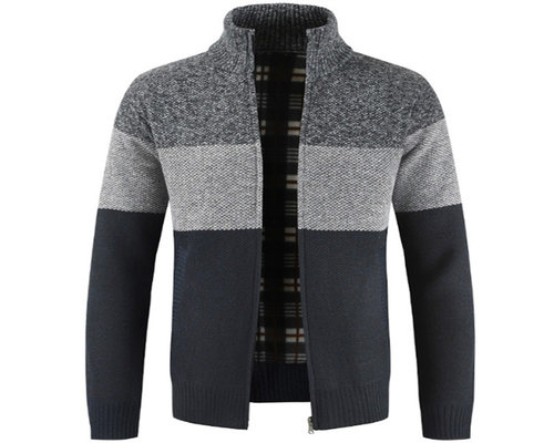 Mandarin Collar Zipper Mens Yarn Dyed Striped Cardigan