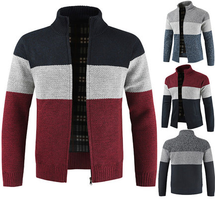Mandarin Collar Zipper Mens Yarn Dyed Striped Cardigan