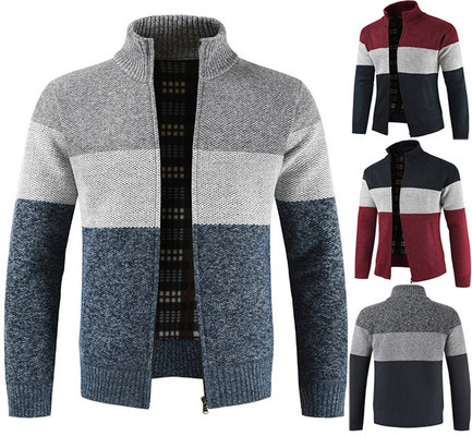 Mandarin Collar Zipper Mens Yarn Dyed Striped Cardigan
