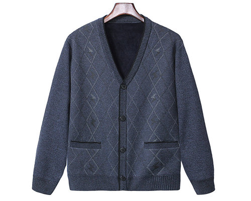 Plain V Neck Cardigan Argyle Pattern Embroidery Sweater