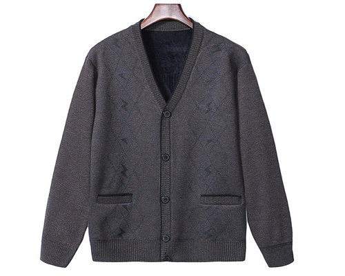 Plain V Neck Cardigan Argyle Pattern Embroidery Sweater