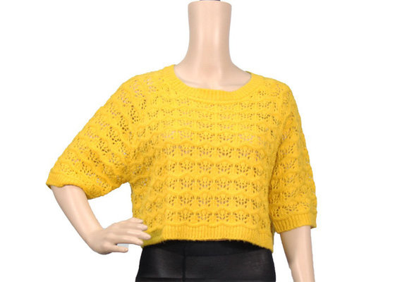 Camiseta redonda da malha de mulheres amarelas do pescoço da luva curto fraca para a mola e o outono