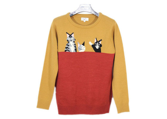 Het rode en Gele van de het Patroonverbindingsdraad van de Jacquard Leuke Kat Breigoed van Jersery voor Jonge Dames