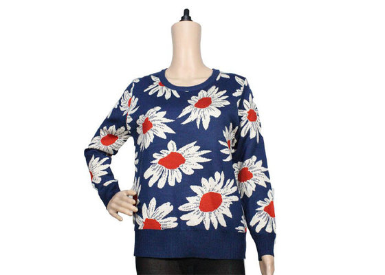 Modèle de jacquard d'encolure ras du cou de chandail du Knit des femmes de bleu marine de dames pour le ressort