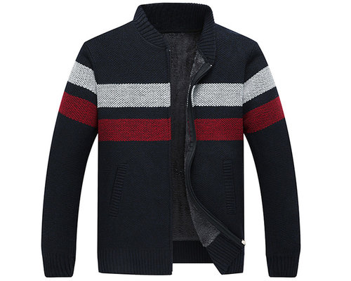 Plus Velvet Padded Zipper Stripe Mens Stand Collar Cardigan