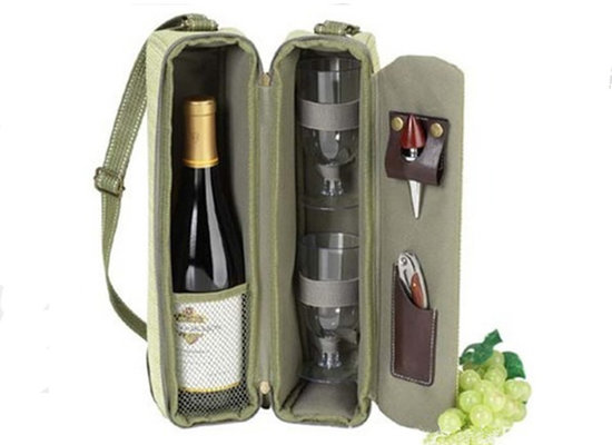 Customized single wine picnic bag wine bottle and two glass bag with strap supplier