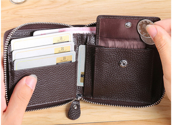Shielding RFID anti-theft brush function chip card bag driving license leather zipper male short wallet supplier