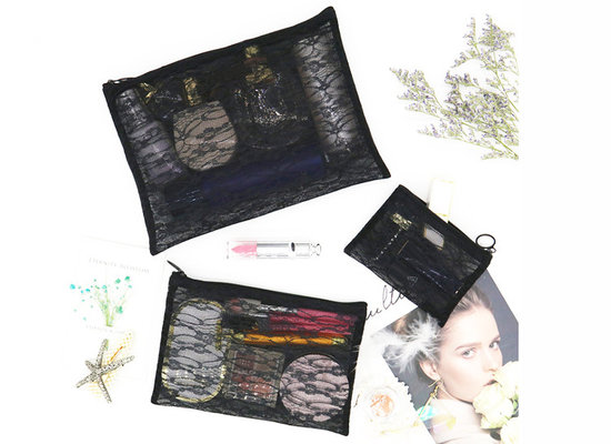 Simple small portable different capacity mesh and lace material pouch cosmetic makeup bag supplier