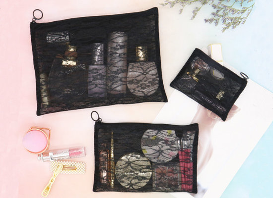 Simple small portable different capacity mesh and lace material pouch cosmetic makeup bag supplier