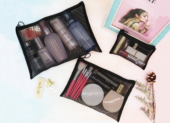 Simple small portable different capacity mesh and lace material pouch cosmetic makeup bag supplier