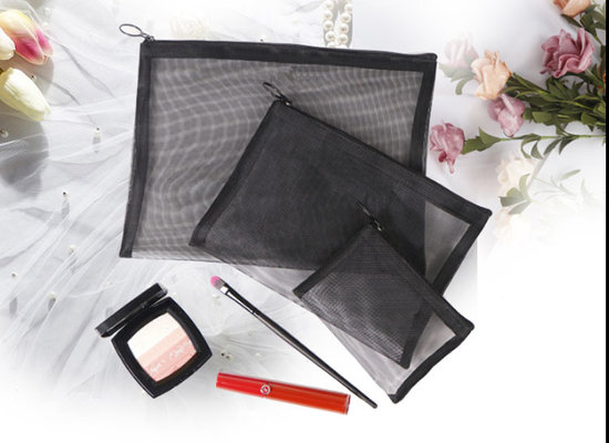Simple small portable different capacity mesh and lace material pouch cosmetic makeup bag supplier