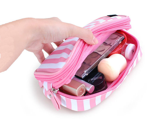 Small portable PU cosmetic box Korean girl stripe cute makeup storage multi-functional toiletries bags supplier