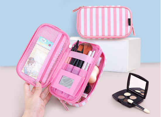 Small portable PU cosmetic box Korean girl stripe cute makeup storage multi-functional toiletries bags supplier
