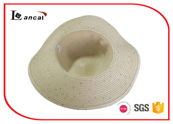 Sequined Ladies Crushable Wide Brimmed Straw Hat With Pink Bowknot Ribbed Band