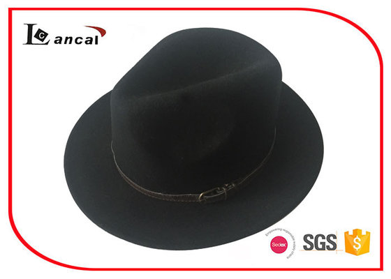 57cm PU Leather Trim Wool Felt Hat , Black Felt Floppy Hat For Women