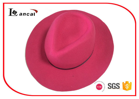 Rose Red Wool Felt Top Hat Black Thin Ribbed Band Felt Fedora Hats For Women
