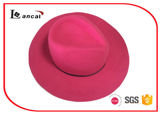 Rose Red Wool Felt Top Hat Black Thin Ribbed Band Felt Fedora Hats For Women