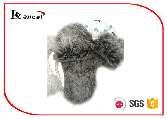 White Knitted Fleece Lined Winter Trapper Hats For Kids , Trapper Cap