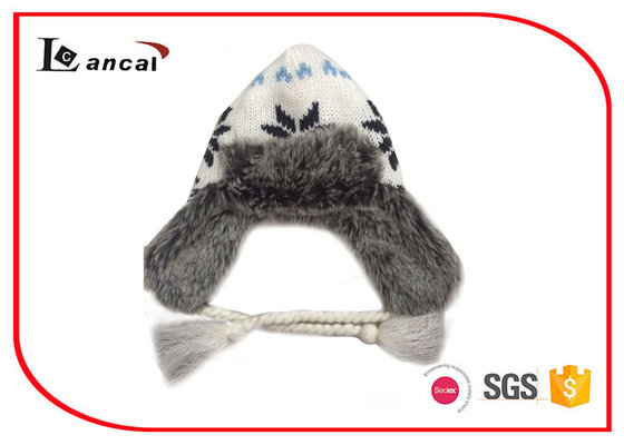 White Knitted Fleece Lined Winter Trapper Hats For Kids , Trapper Cap