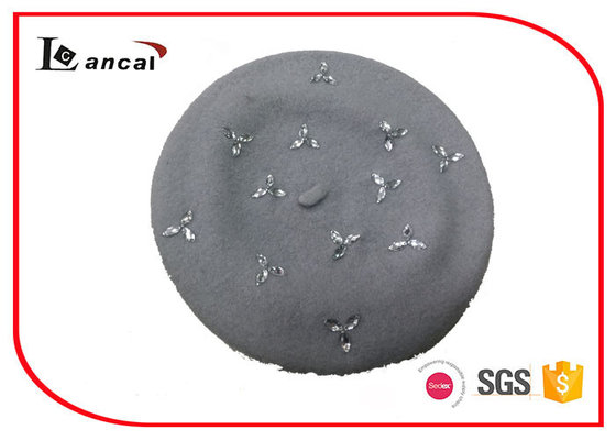 Grey Wool Slouchy Knit Beret Custom Logo With Paillette / Button / Bead