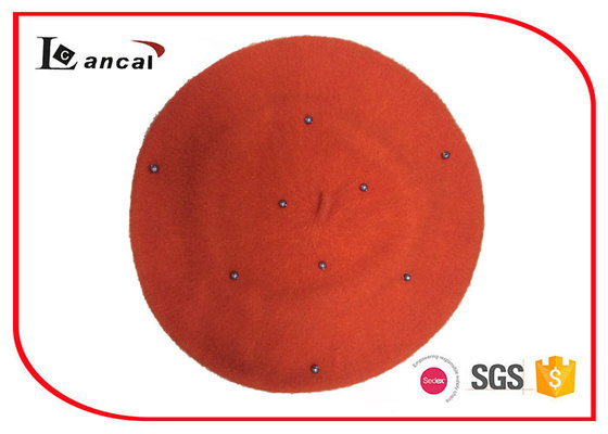 100% Wool orange knit beret hat little bead for season autumn