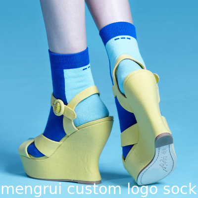 Custom logo, design ladies Blue cotton Crew Socks