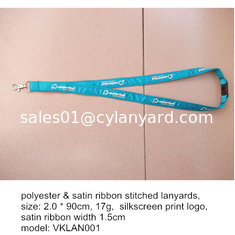 China polyester and satin ribbon stitched lanyard, 2.0*90cm,17g,MOQ 300pcs,China lanyard factory supplier