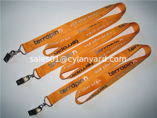 China Imprint polyester badge lanyard with metal card clip, polyester id card lanyard in bulk, supplier