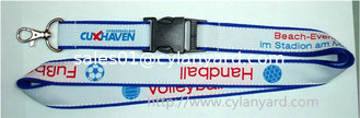 China Sports games lanyards with woven text logo ribbon, jacquard ribbon double layer lanyards, supplier