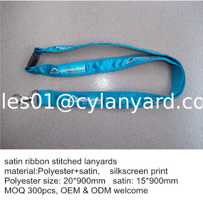 polyester and satin ribbon stitched lanyard, 2.0*90cm,17g,MOQ 300pcs,China lanyard factory supplier